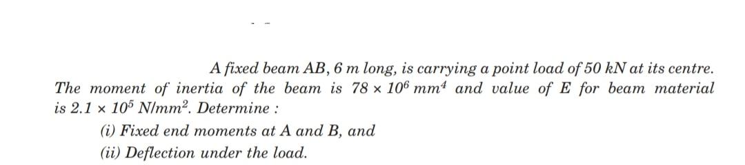 Solved A fixed beam AB, 6 m long, is carrying a point load | Chegg.com