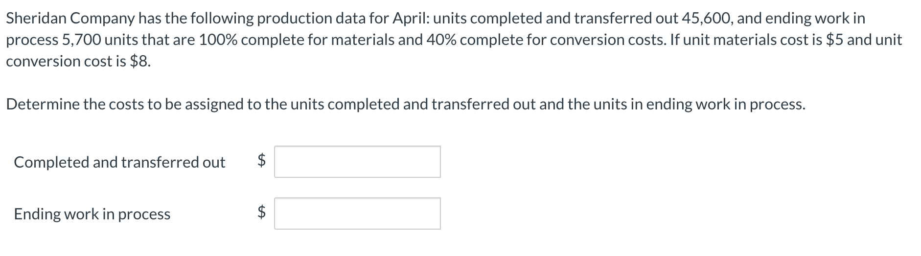 Solved Sheridan Company has the following production data | Chegg.com