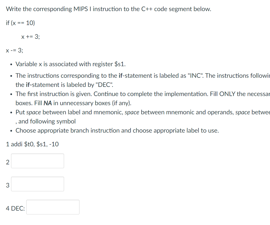 Solved Write the corresponding MIPS I instruction to the C++ | Chegg.com