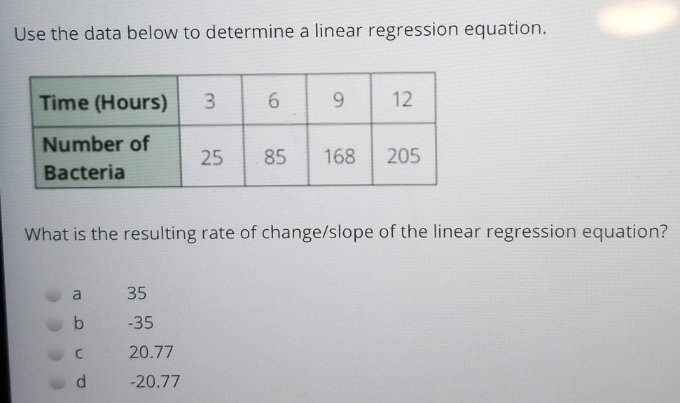 Solved Use the data below to determine a linear regression | Chegg.com