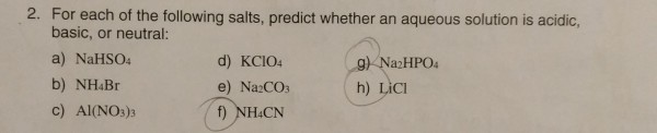 Solved 2. For each of the following salts, predict whether | Chegg.com