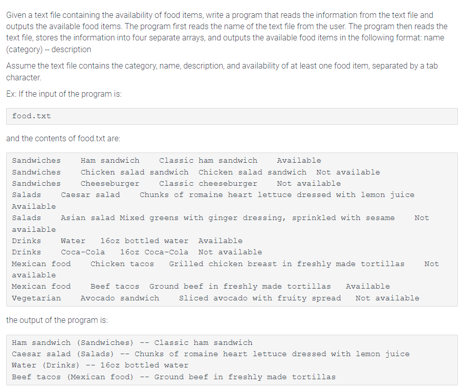 Solved Given a text file containing the availability of food | Chegg.com