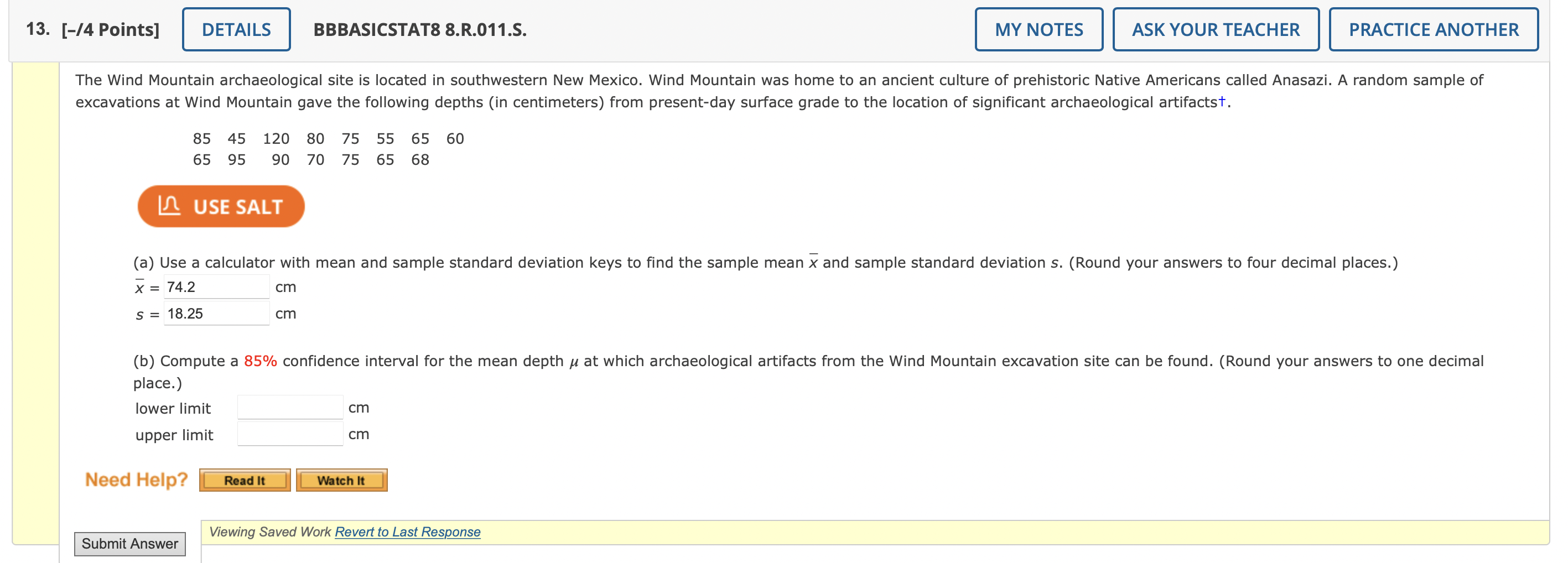 Solved 4 Points] BBBASICSTAT8 8.R.011.S. he Wind Mountain | Chegg.com