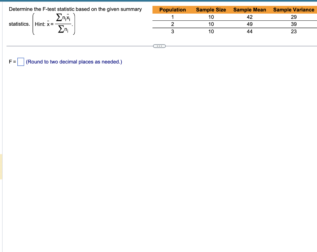 Solved Determine the F-test statistic based on the given | Chegg.com