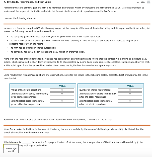Solved 7. Dividends, repurchases, and firm value Aa Aa | Chegg.com