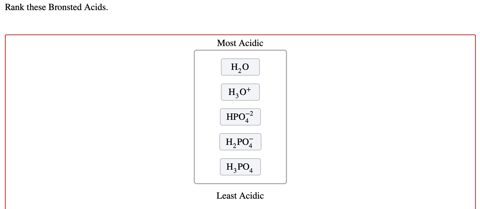 Solved Rank these Bronsted Acids. Most Acidic H2O H,0+ -2 | Chegg.com