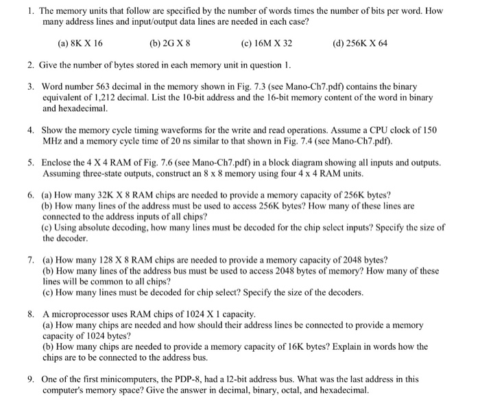 Solved The memory units that follow are specified by the | Chegg.com