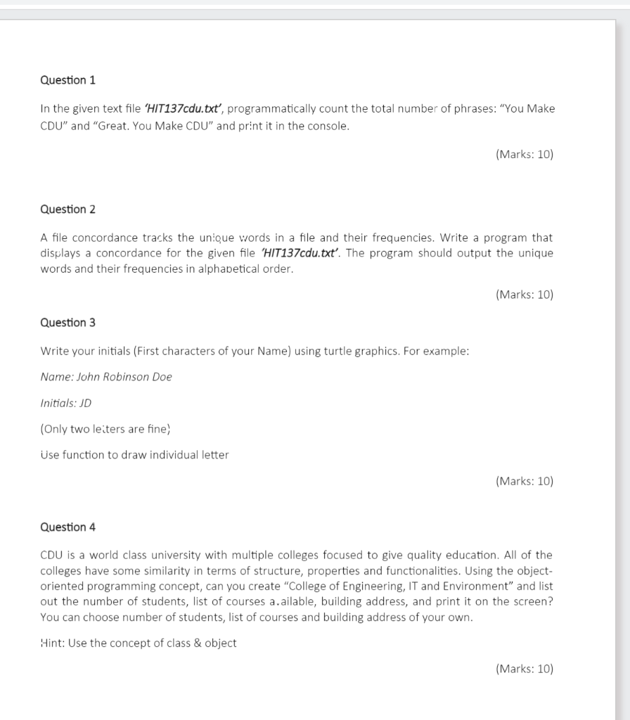 Solved Question 1 In the given text file 'HIT137cdu.txt', | Chegg.com