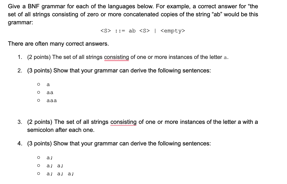 Give a BNF grammar for each of the languages below. | Chegg.com