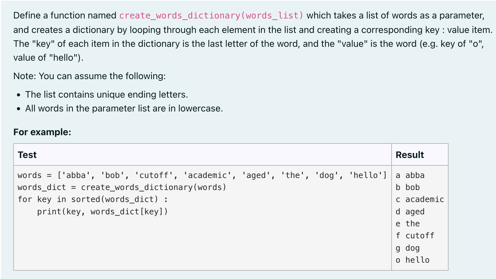 Solved Define a function named create_words_dictionary | Chegg.com