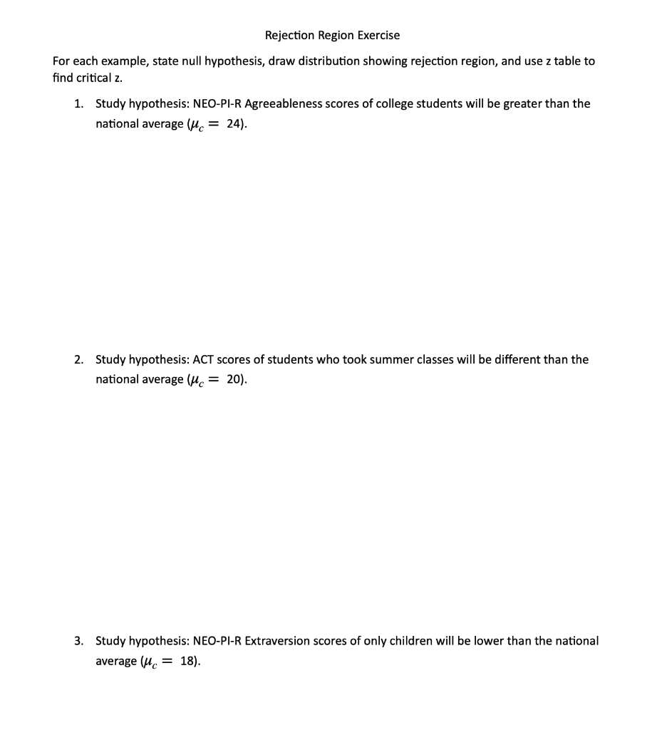 Solved Rejection Region Exercise For each example, state | Chegg.com