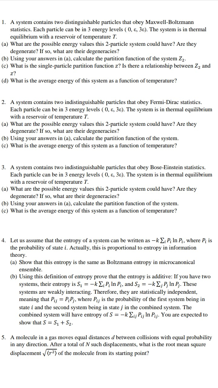 Solved 1. A system contains two distinguishable particles | Chegg.com