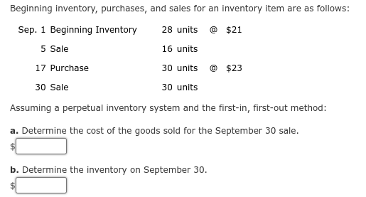 Solved Beginning inventory, purchases, and sales for an | Chegg.com