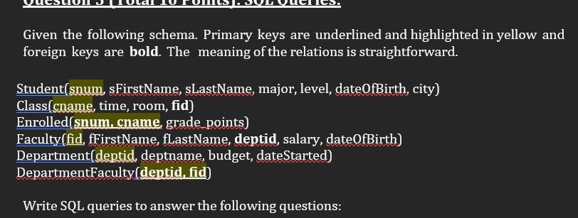 Solved Given the following schema. Primary keys are | Chegg.com