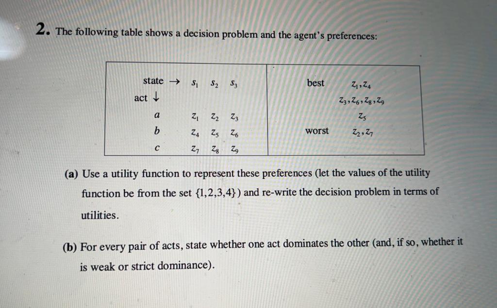 Solved 2. The following table shows a decision problem and | Chegg.com