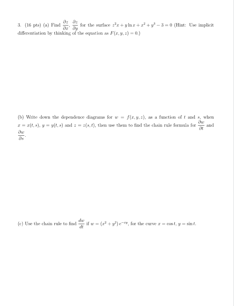 Solved 3. (16 pts) (a) Find ∂x∂z,∂y∂z for the surface | Chegg.com