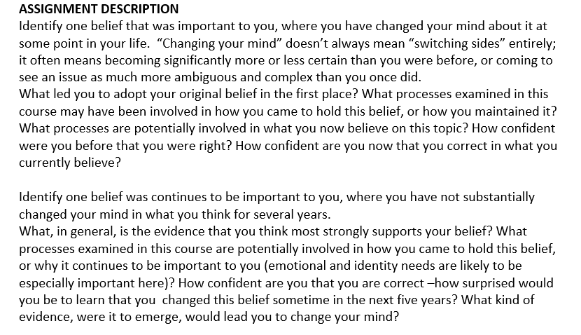 Solved ASSIGNMENT DESCRIPTION Identify one belief that was | Chegg.com