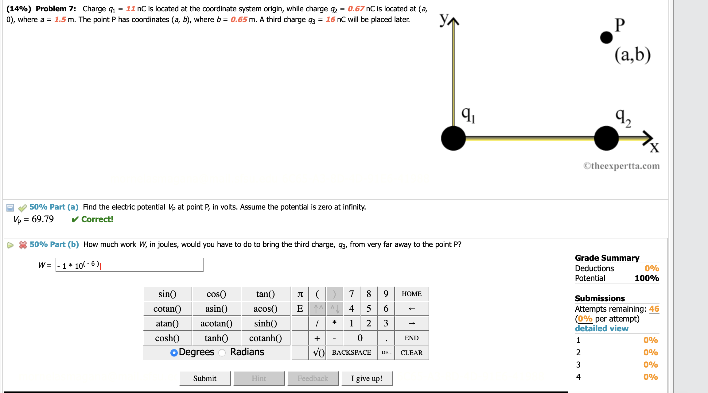 Solved (14\%) Problem 7: Charge q1=11nC is located at the | Chegg.com