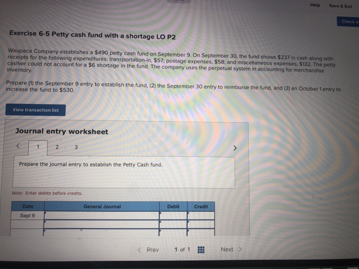 Solved Help Save & Exit Check Exercise 6-5 Petty cash fund | Chegg.com