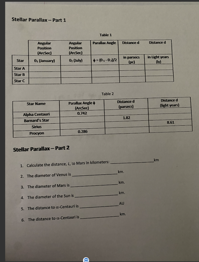 Solved Stellar Parallax - Part 1 Table 1 Parallax Angle | Chegg.com