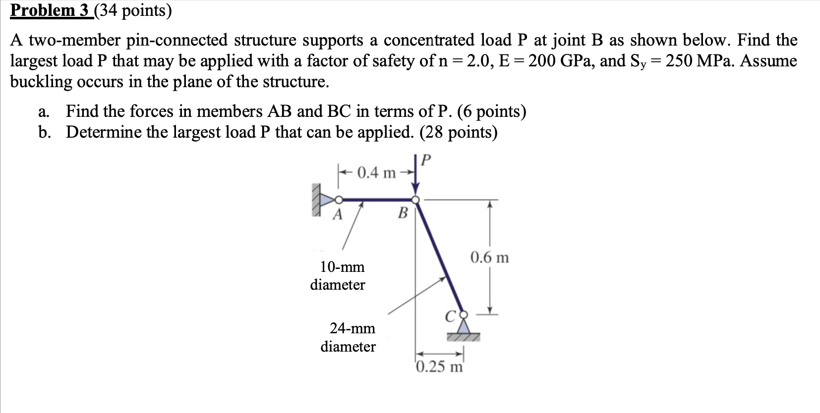 Solved Problem 3 (34 points) A two-member pin-connected | Chegg.com