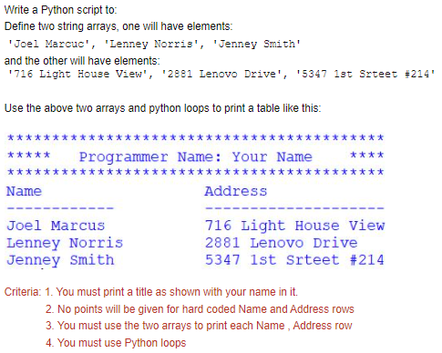 Solved Write a Python script to Define two string arrays, | Chegg.com