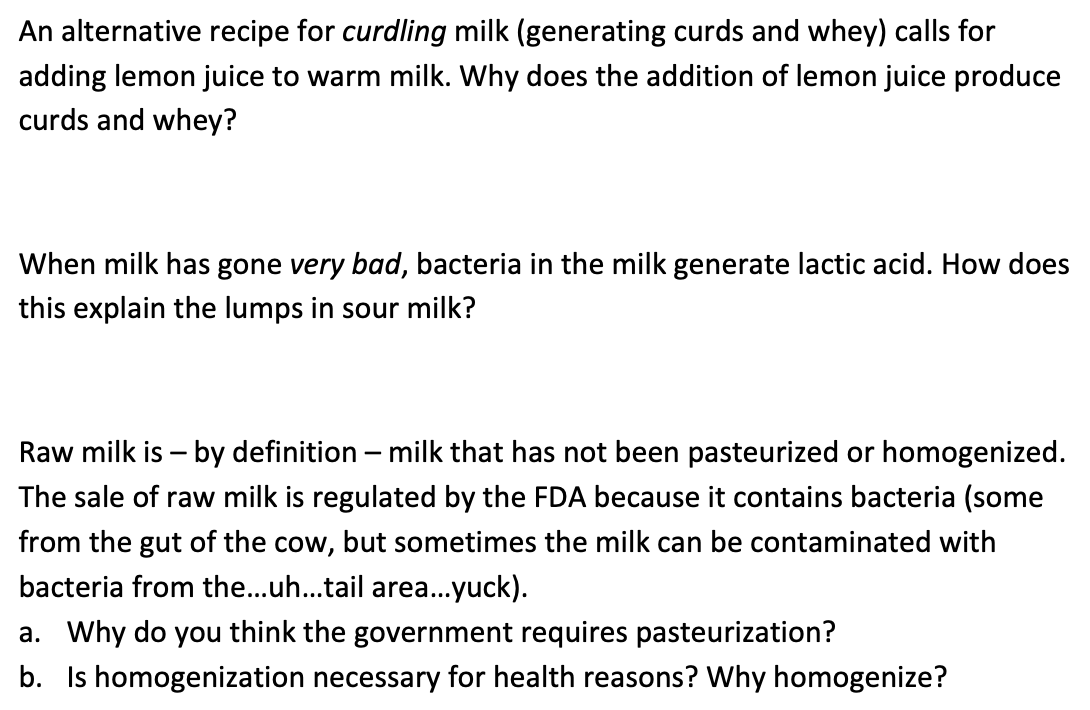 Solved An alternative recipe for curdling milk (generating | Chegg.com