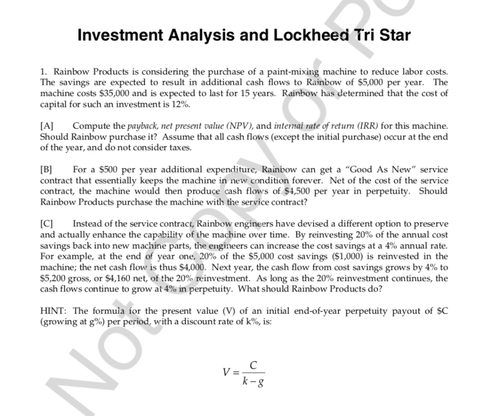 Solved Investment Analysis and Lockheed Tri Star 1. Rainbow | Chegg.com