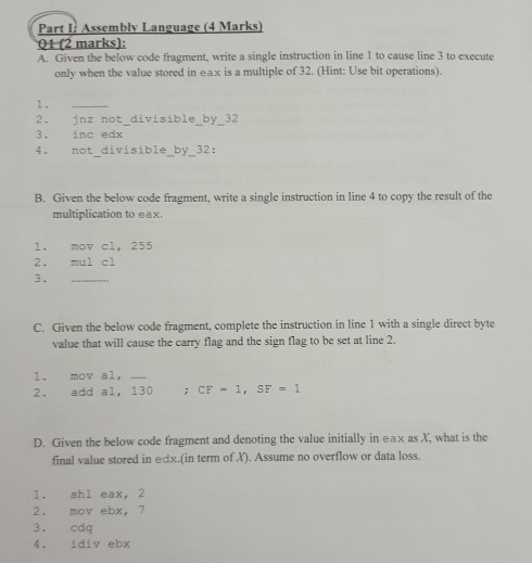 Solved Part 1 Assembly Language And Marks 2 Marks A Given 0182