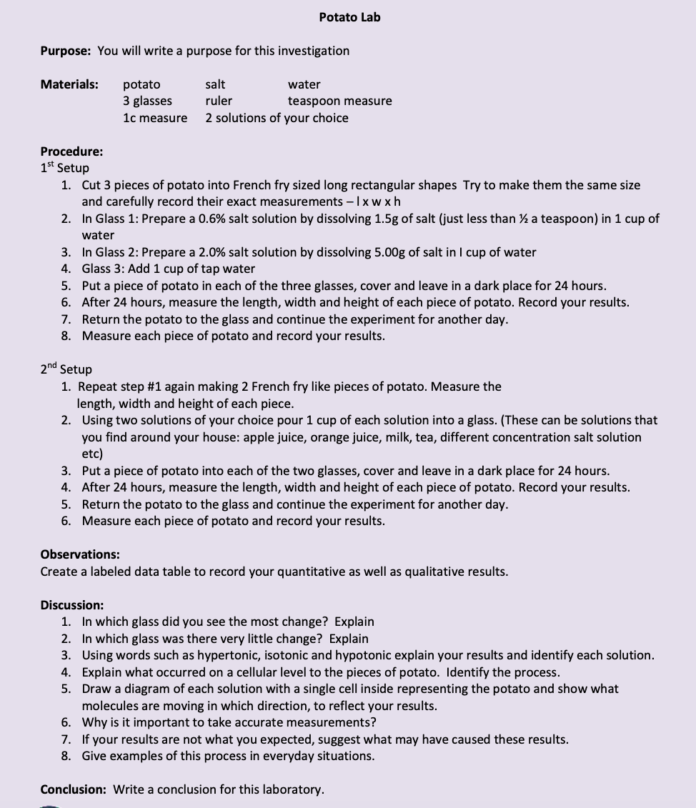 Solved Potato LabPurpose: You will write a purpose for this | Chegg.com