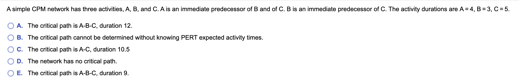 Solved A simple CPM network has three activities, A, B, and | Chegg.com