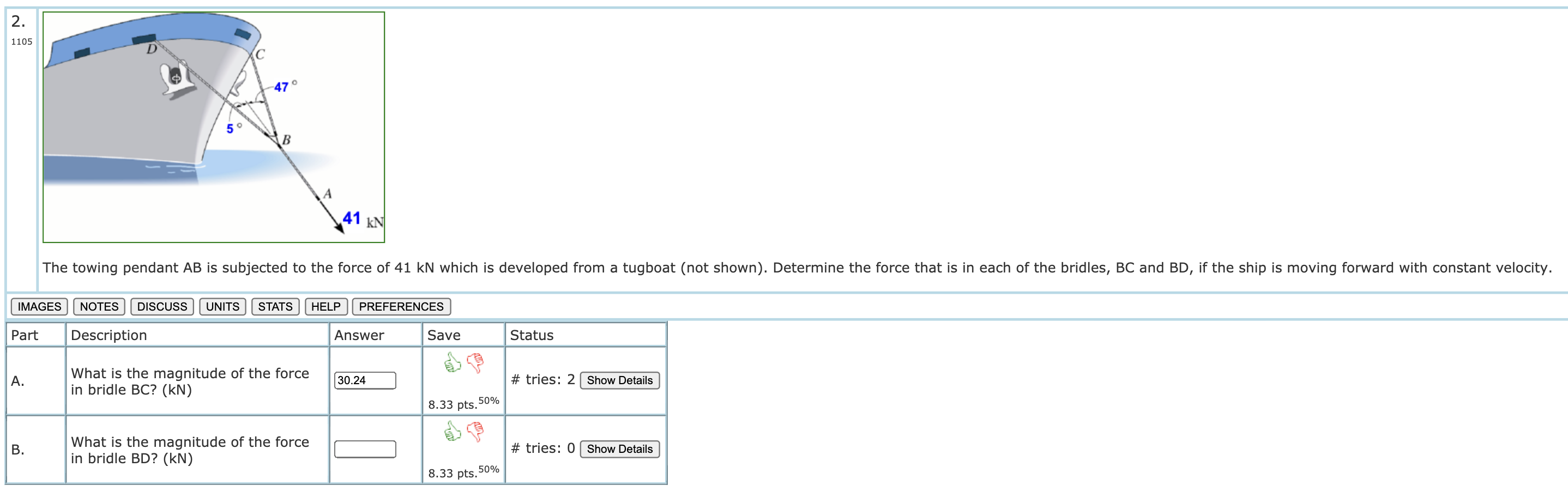 Solved 2. 1105 с 47 50 B A 41 KN The towing pendant AB is | Chegg.com