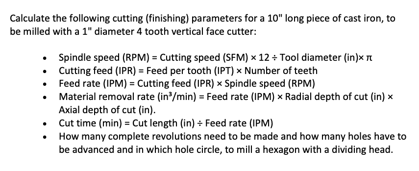 Calculate the following cutting (finishing) | Chegg.com | Chegg.com