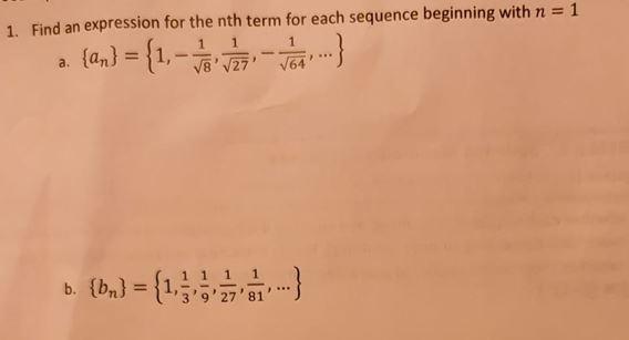 Solved 1. Find an expression for the nth term for each | Chegg.com