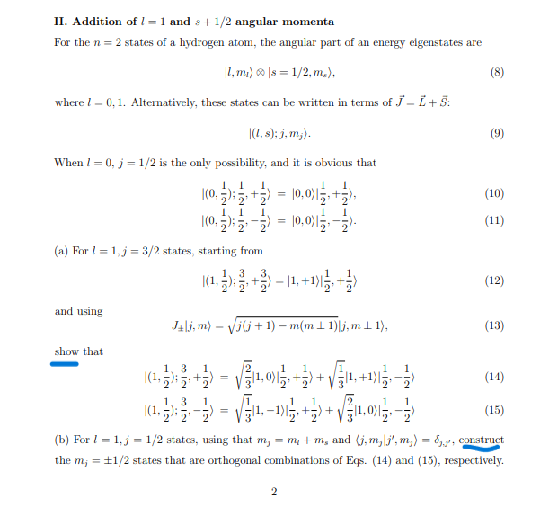 Solved II. Addition of l=1 and s+1/2 angular momenta For the | Chegg.com