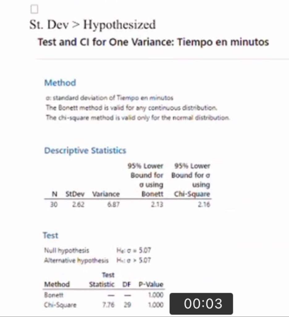 St. Dev > Hypothesized Test and Cl for One Variance: | Chegg.com