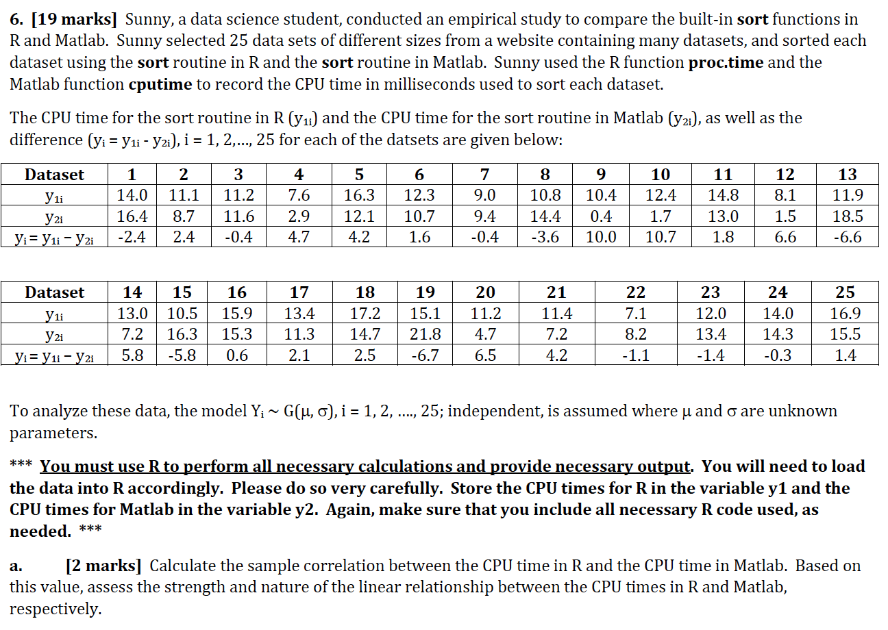 Solved: 6. [19 Marks] Sunny, A Data Science Student, Condu... | Chegg.com