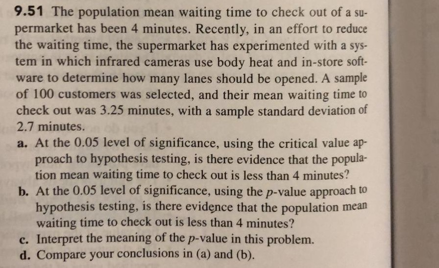 Solved 9.51 The population mean waiting time to check out of | Chegg.com
