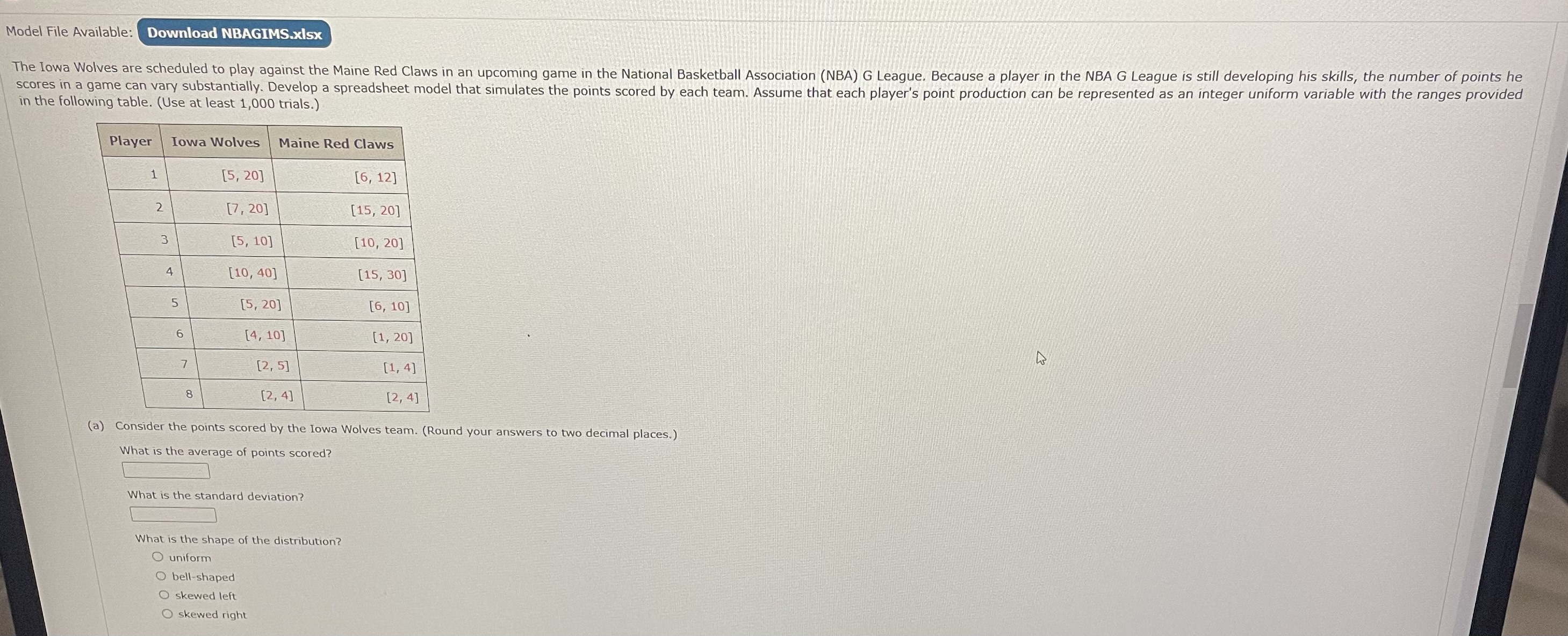 Solved Model File Available Download NBAGIMS.xlsx in the | Chegg.com