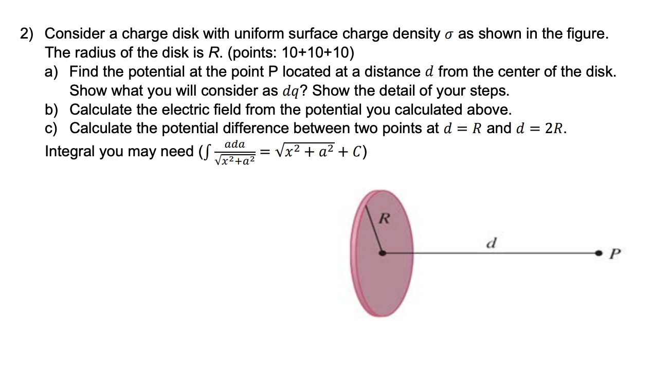 Solved 2) Consider a charge disk with uniform surface charge | Chegg.com