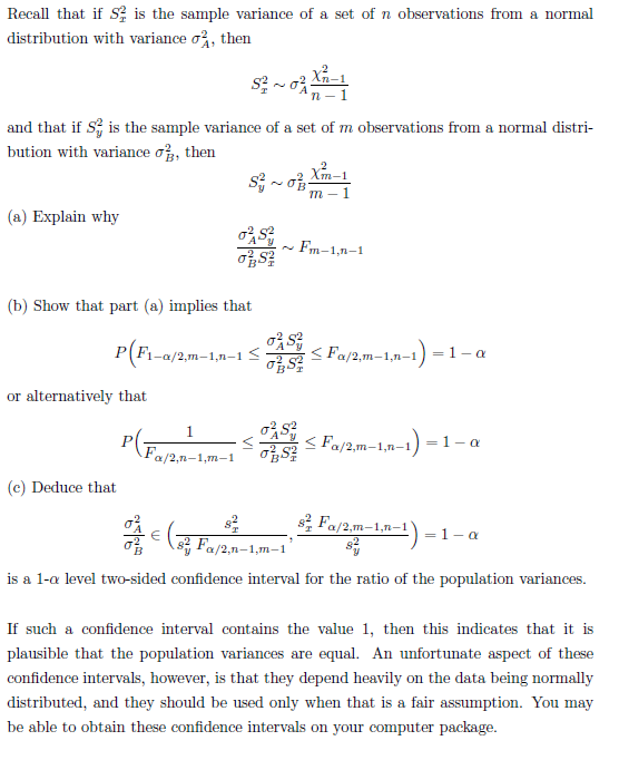 Solved Recall that if Sx2 is the sample variance of a set of | Chegg.com
