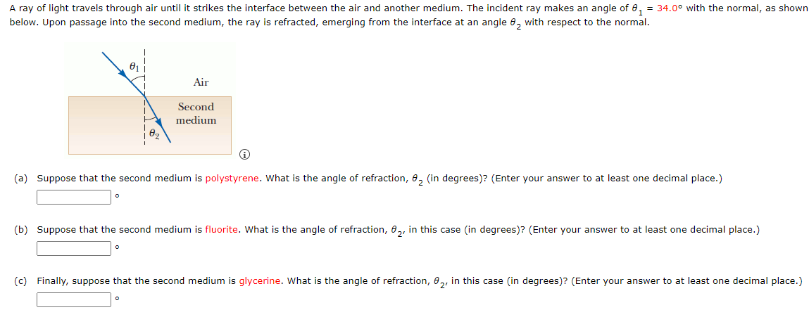 Solved A ray of light travels through air until it strikes | Chegg.com