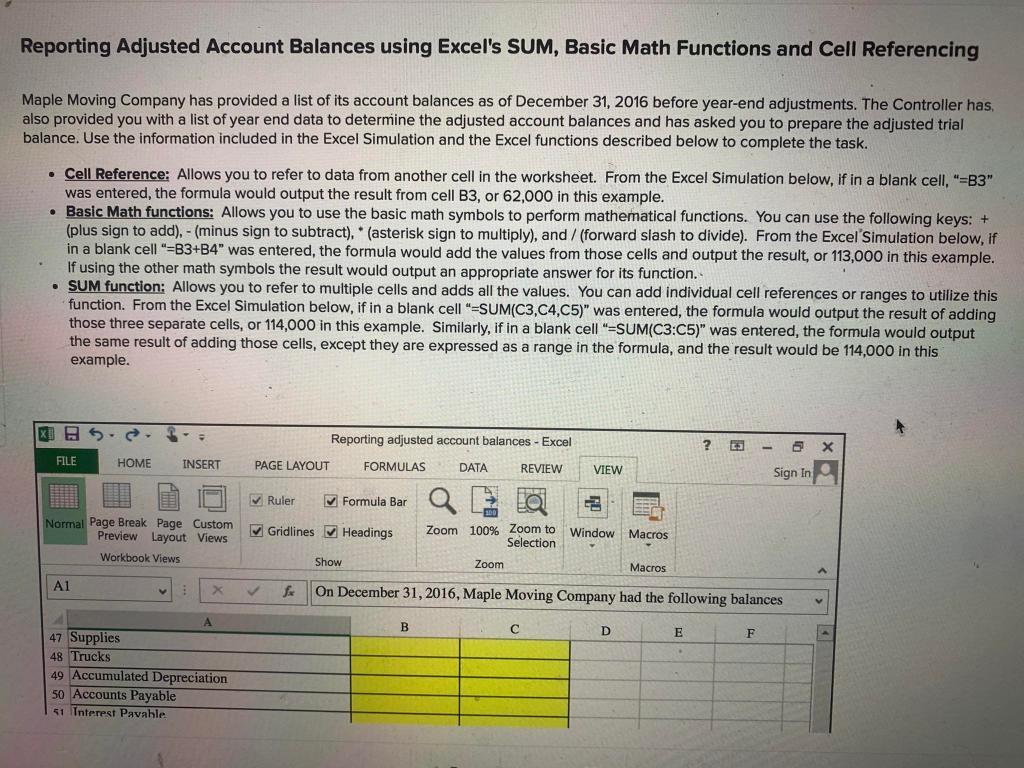 Solved Reporting Adjusted Account Balances using Excel's | Chegg.com