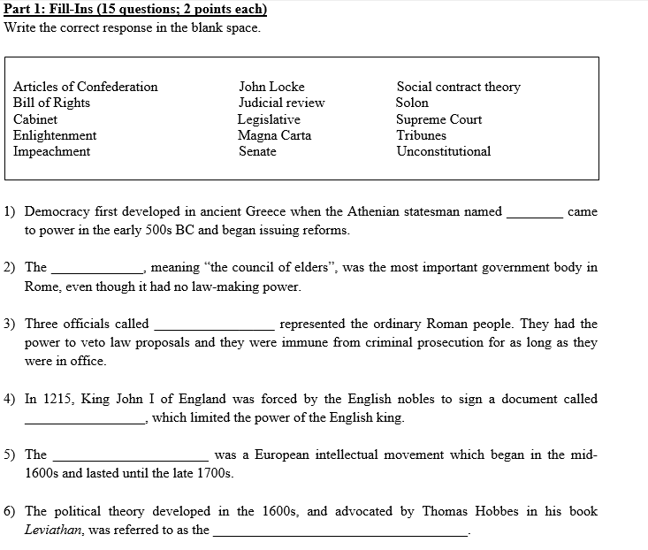 Solved Part 1: Fill-Ins (15 questions; 2 points each) Write | Chegg.com