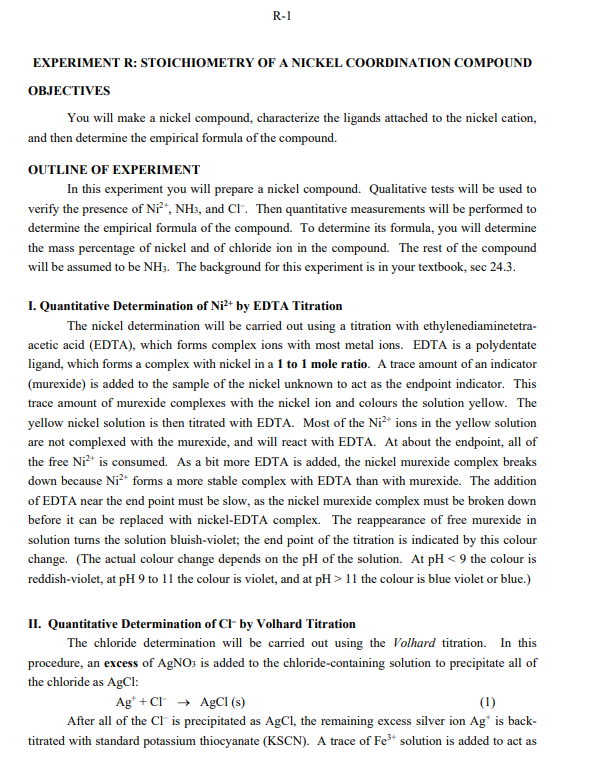 R-1 EXPERIMENT R: STOICHIOMETRY OF A NICKEL | Chegg.com