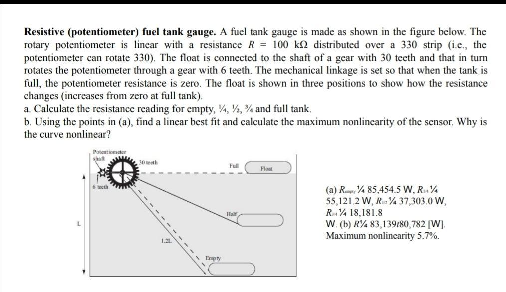 Solved Resistive (potentiometer) fuel tank gauge. A fuel | Chegg.com