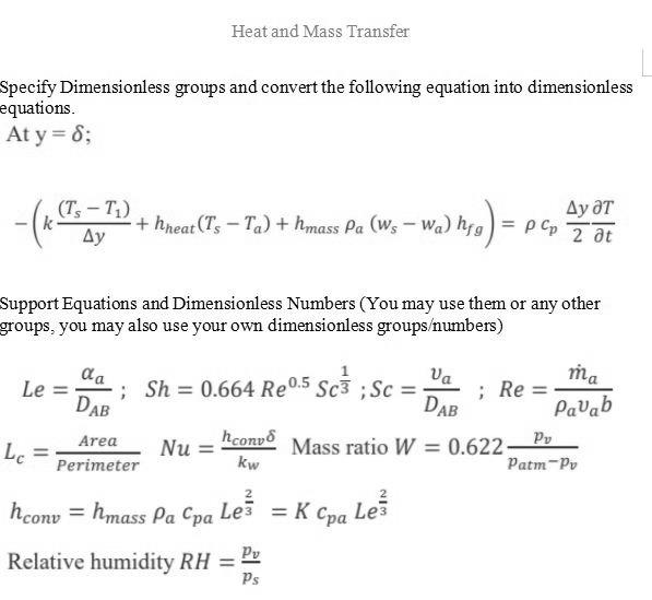Heat and Mass Transfer Specify Dimensionless groups | Chegg.com