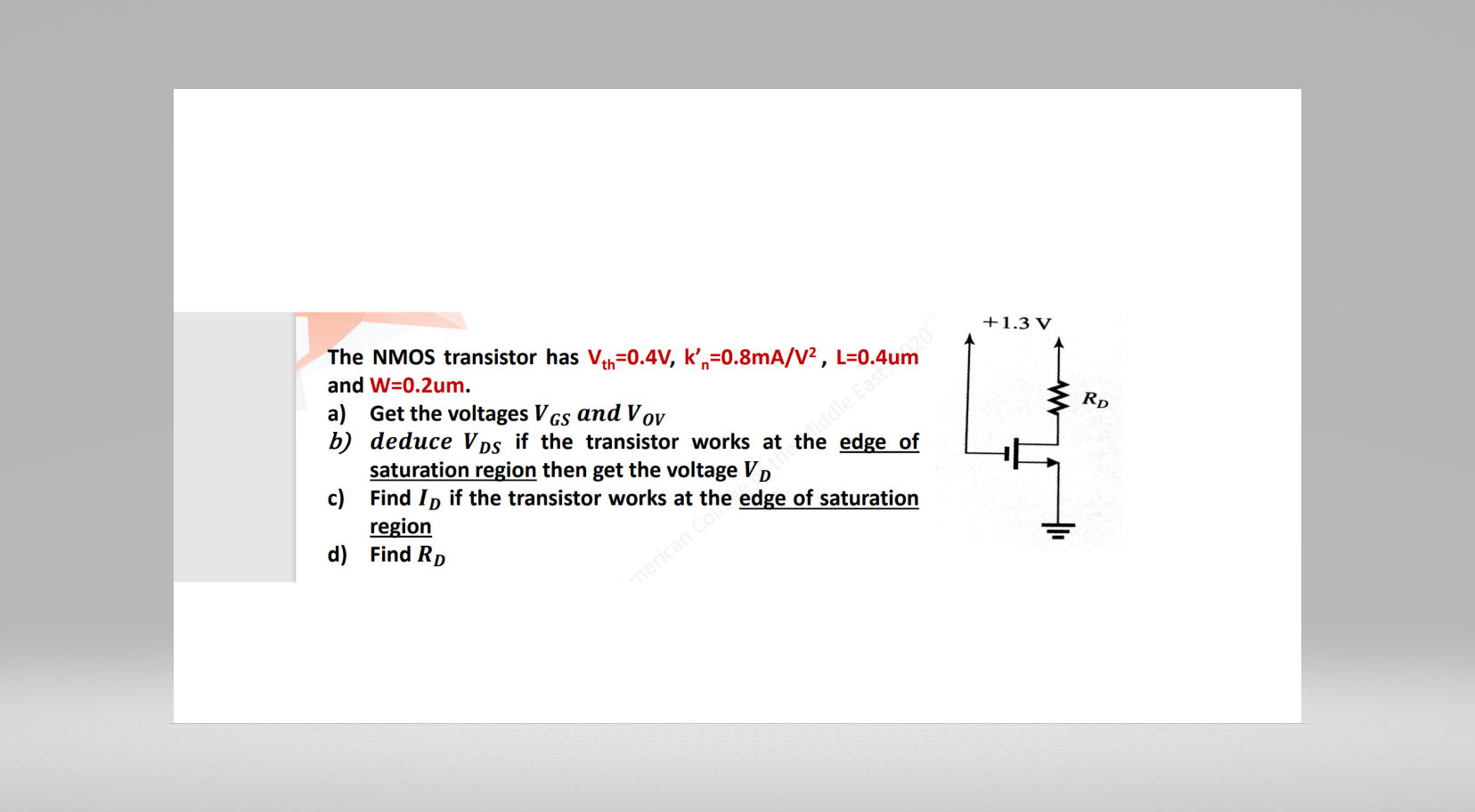 [Solved]: The NMOS transistor has ( mathrm{V}_{ mathrm{t