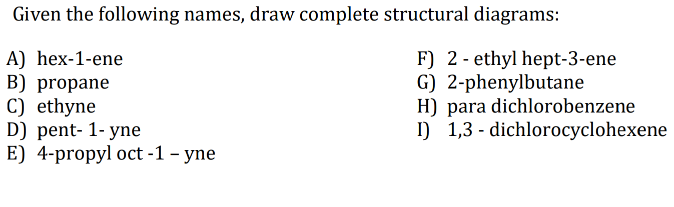 Solved Given the following names, draw complete structural | Chegg.com