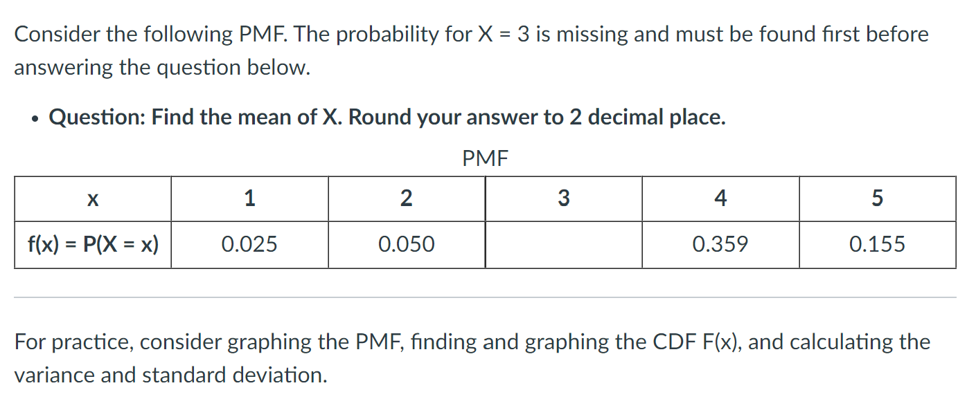 Solved Consider the following PMF. The probability for X=3 | Chegg.com